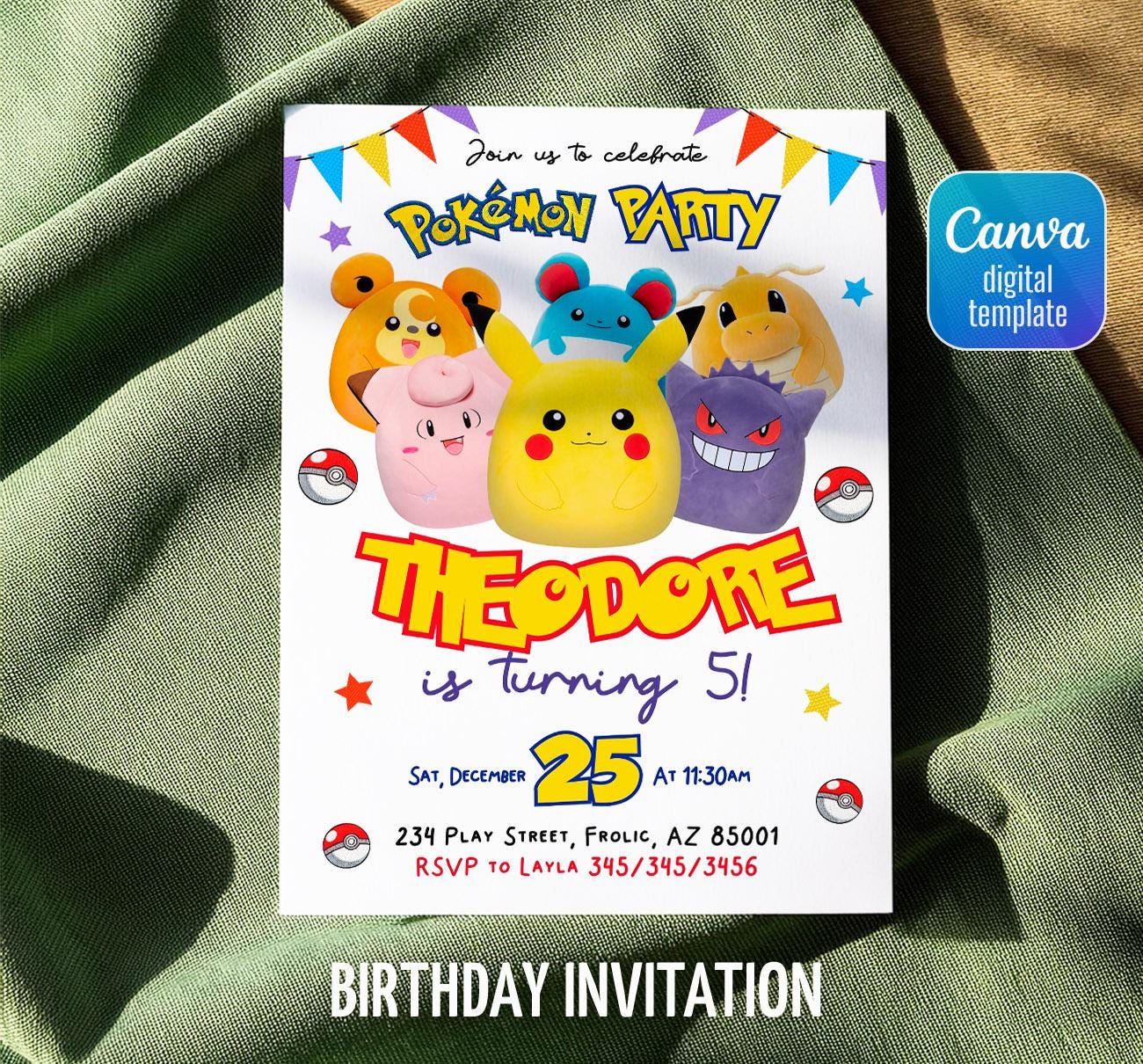Squish Pikachu Invitation, Pokemon Evite Template, Printable Birthday ...