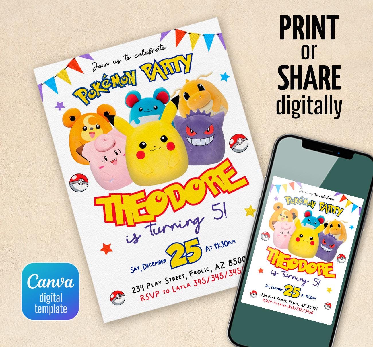 Squish Pikachu Invitation, Pokemon Evite Template, Printable Birthday ...
