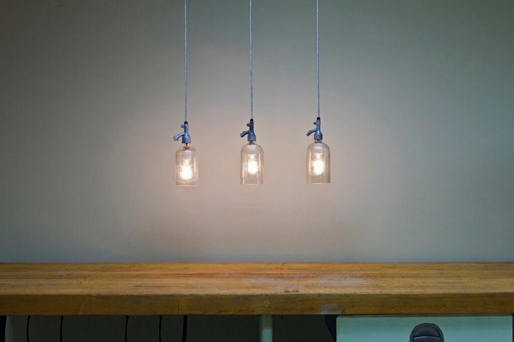 One Pendant Light From Etched Glass Seltzer Bottle. Clear, Blue or ...