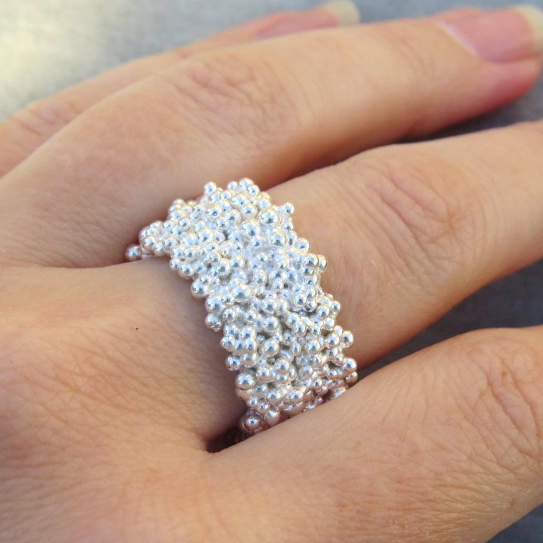 Silver Bubble Ring, Wide Multi Ball Ring, Dots Ring, Granules Ring, Granulation Ring, Silver ...