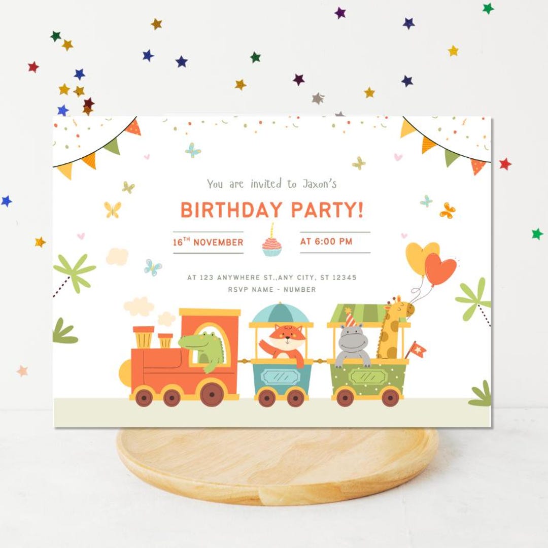 Jungle Train Birthday Invitation, Editable Kids Party Template, Safari ...