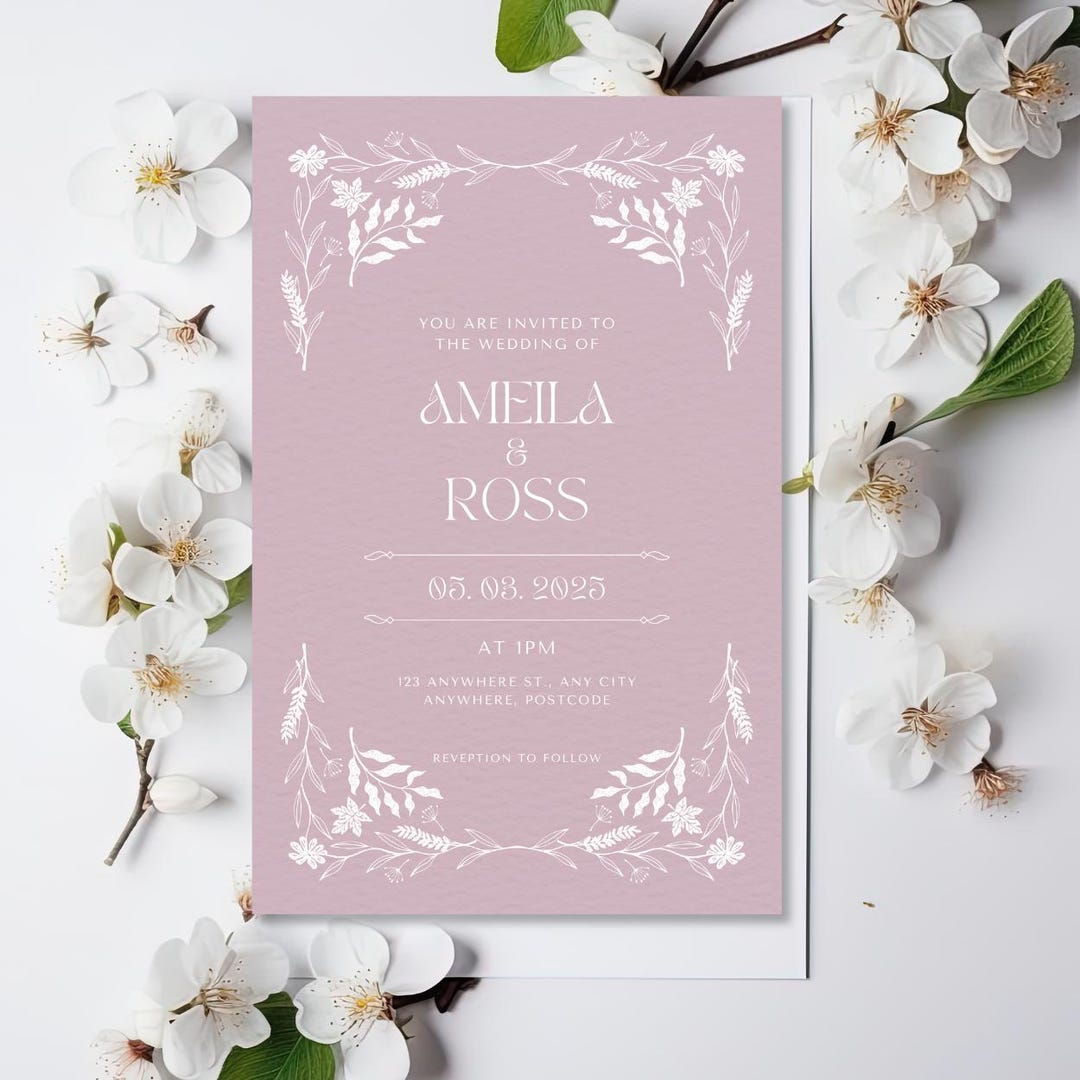 Elegant Dusky Pink Wedding Invitation, Intricate Border Design ...