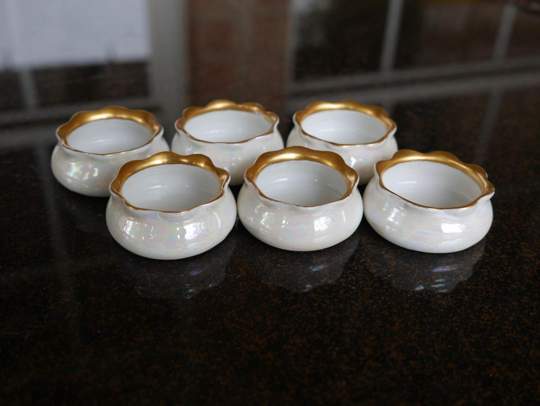 Epiag Czechoslovakia Salt Cellar Set of 6 Ivory Gold Trim Antique - Etsy