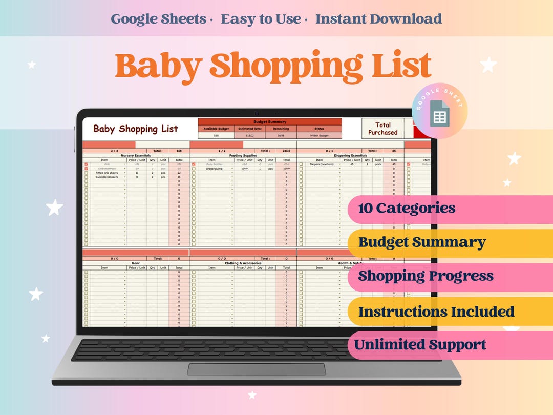 Baby Shopping List Spreadsheet | Baby Essentials Planner | Instant ...