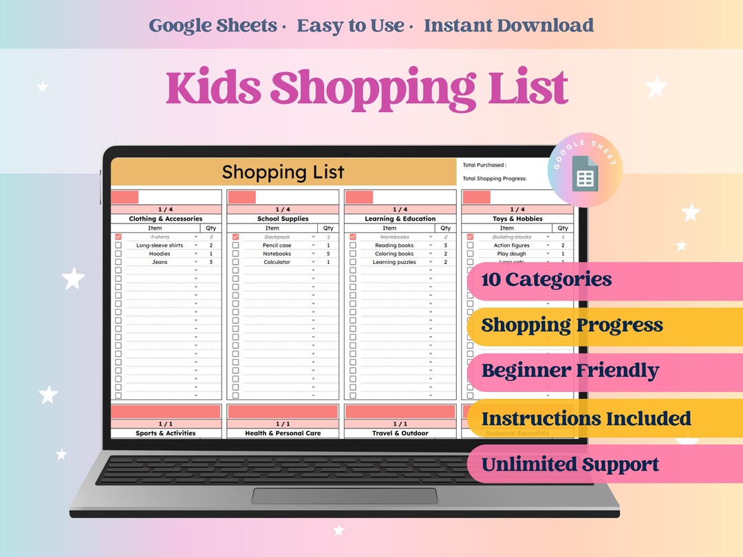 Kids Checklist Spreadsheet | Kids Essentials Shopping Planner Template ...
