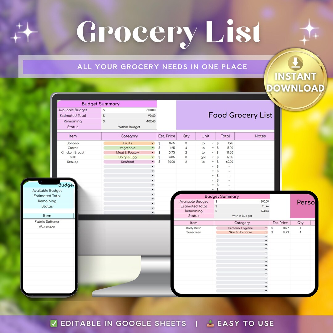 Editable Grocery List Spreadsheet: Weekly Grocery Organizer (digital ...