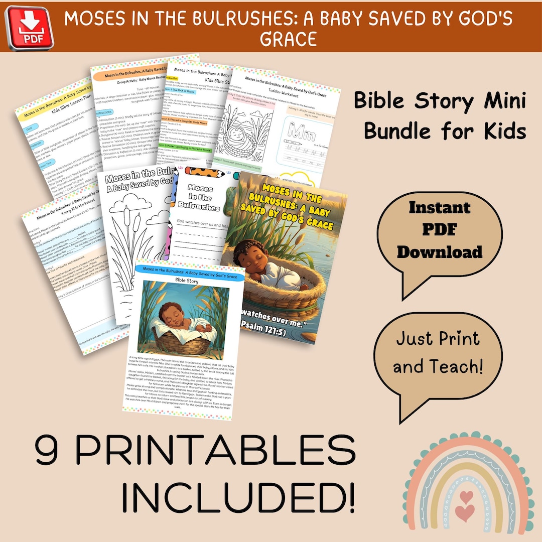 Moses in the Bulrushes Bible Story Bundle: Lesson Plan, Coloring Page ...