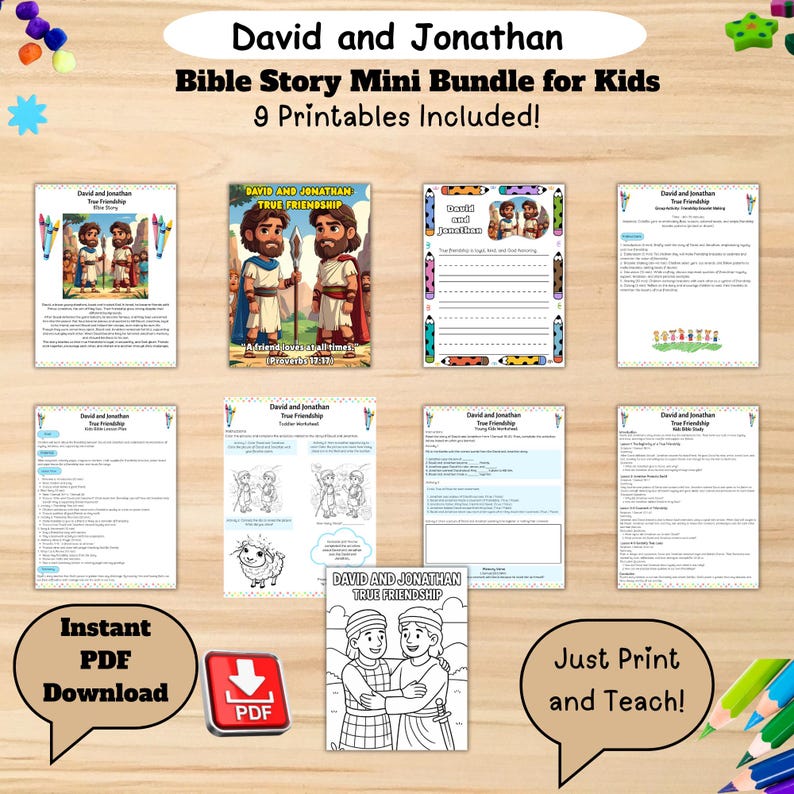 David and Jonathan Bible Story Bundle: Lesson Plan, Coloring Page (PDF ...