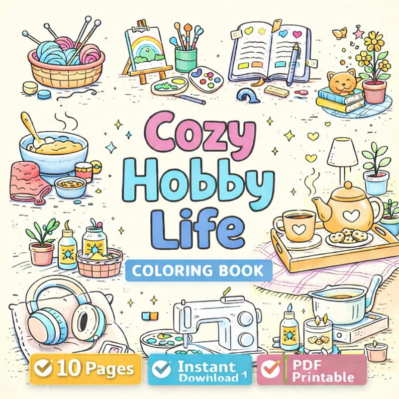 Hobby Life Cozy Coloring Book, Printable PDF, Hobbies Coloring Pages ...