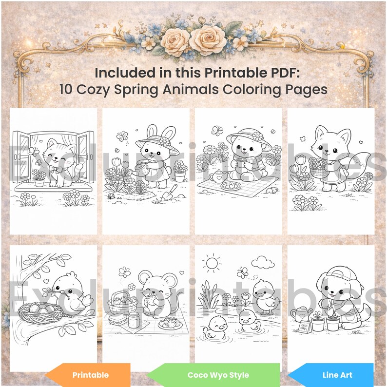 Cozy Spring Animals Coloring Book, Printable PDF, Cute Animal Spring ...
