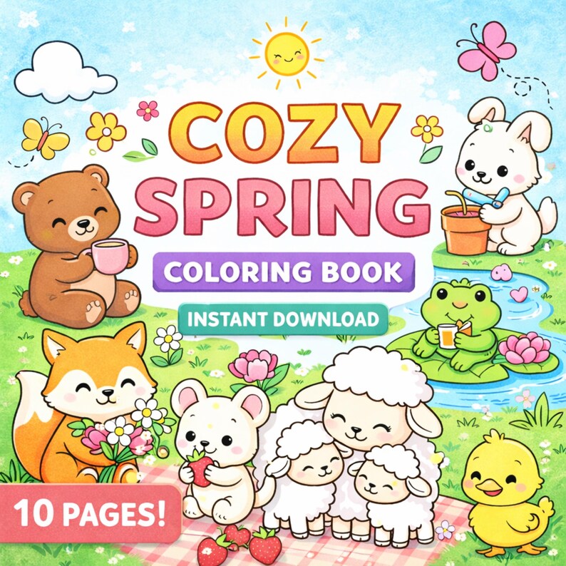 Cozy Spring Animals Coloring Book, Printable PDF, Cute Animal Spring ...