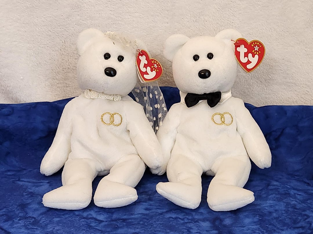 Ty Beanie Baby Mr and Mrs Bride and Groom White W Silver Glitter Bears ...