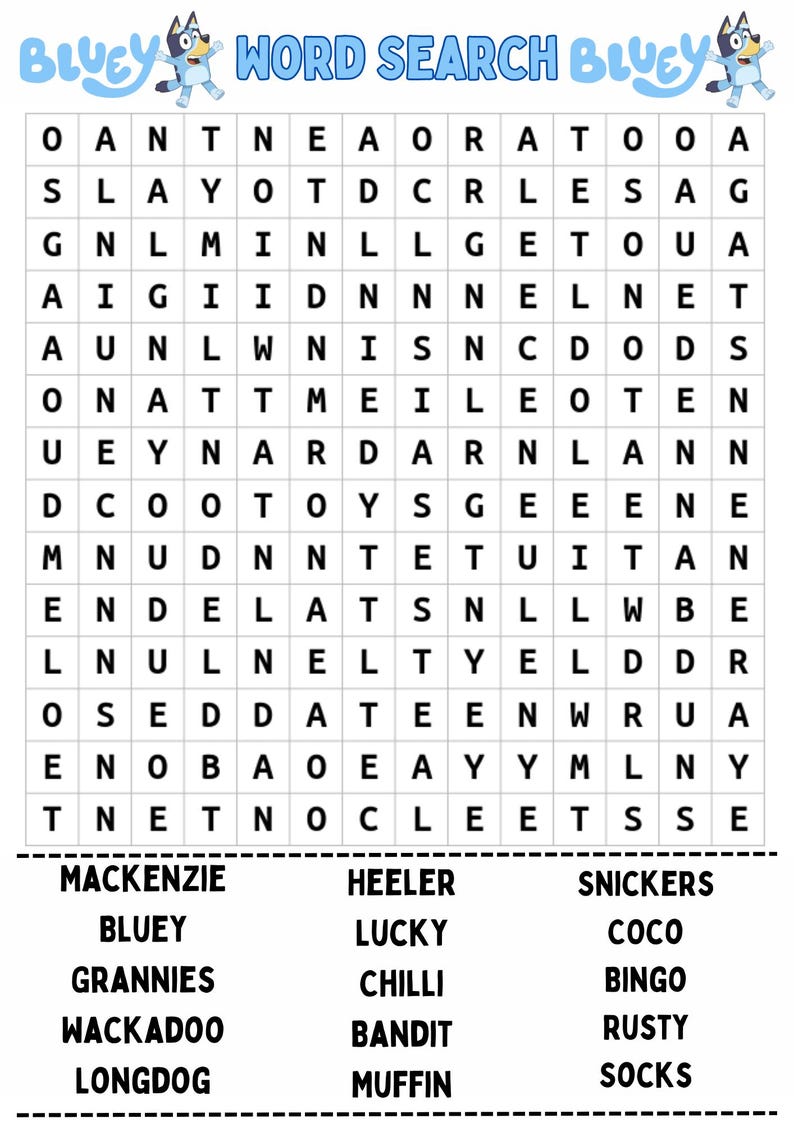 Bluey Wordsearch | Printable Digital Puzzle | Fun Activity for Kids ...