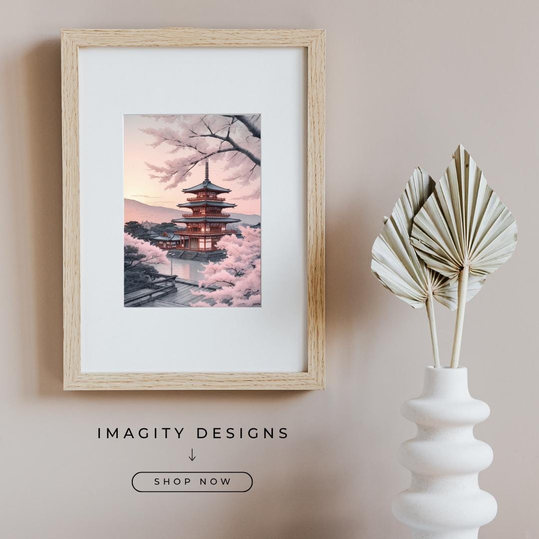 Japanese Temple Wall Art – Kyoto Pagoda Print, Sakura Garden Landscape ...