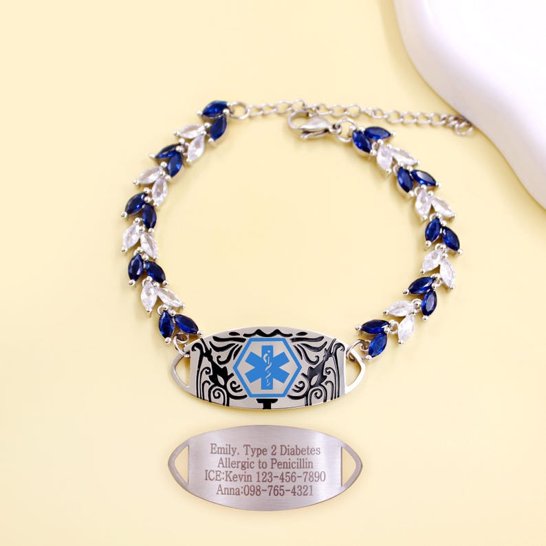 White Gold Plated Medical Alert Bracelet | Blue CZ Leaf Emergency ID ...