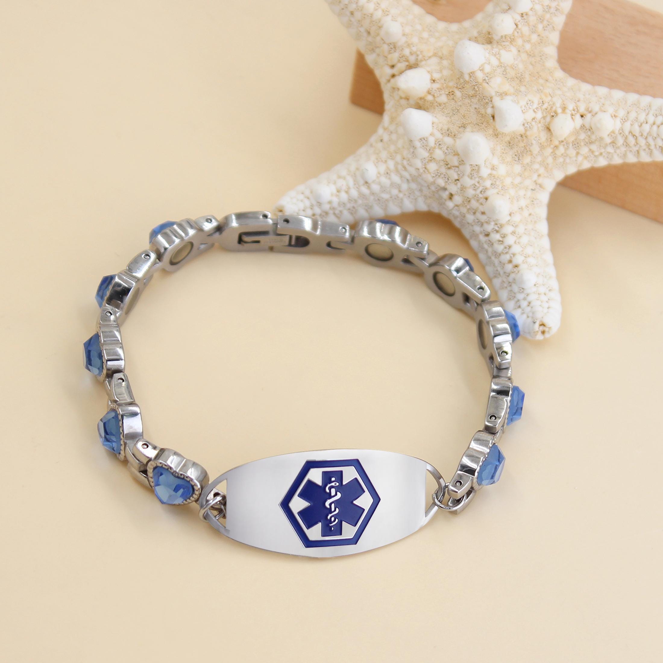 Laser Engraved Medical Alert Bracelet: Blue Heart Zircon, Stainless ...