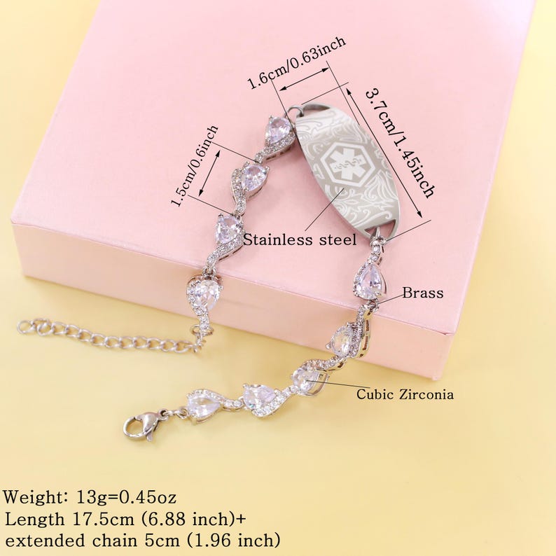 Teardrop Cubic Zirconia Medical ID Bracelet: Engraved Allergy Alert ...