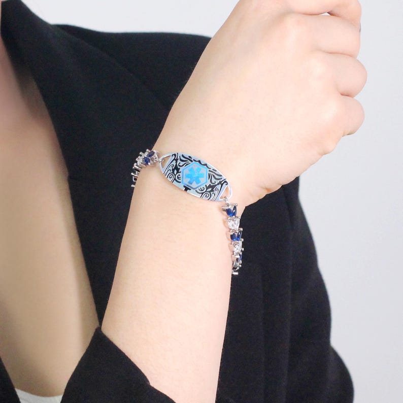 White Gold Plated Medical Alert Bracelet | Blue CZ Leaf Emergency ID ...