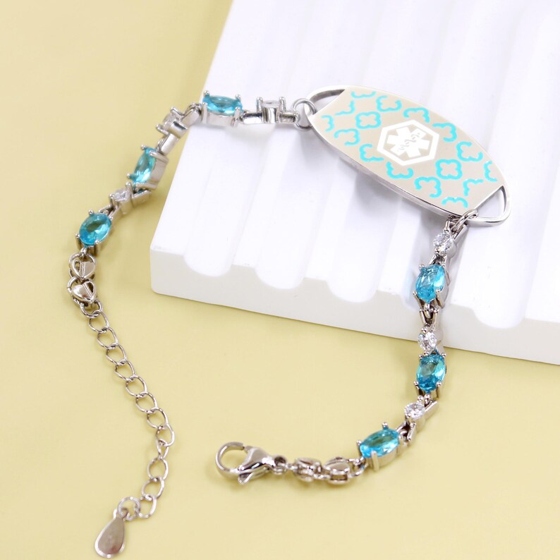 Custom Blue Crystal Medical ID Bracelet: Engraved Stainless Steel Plate ...