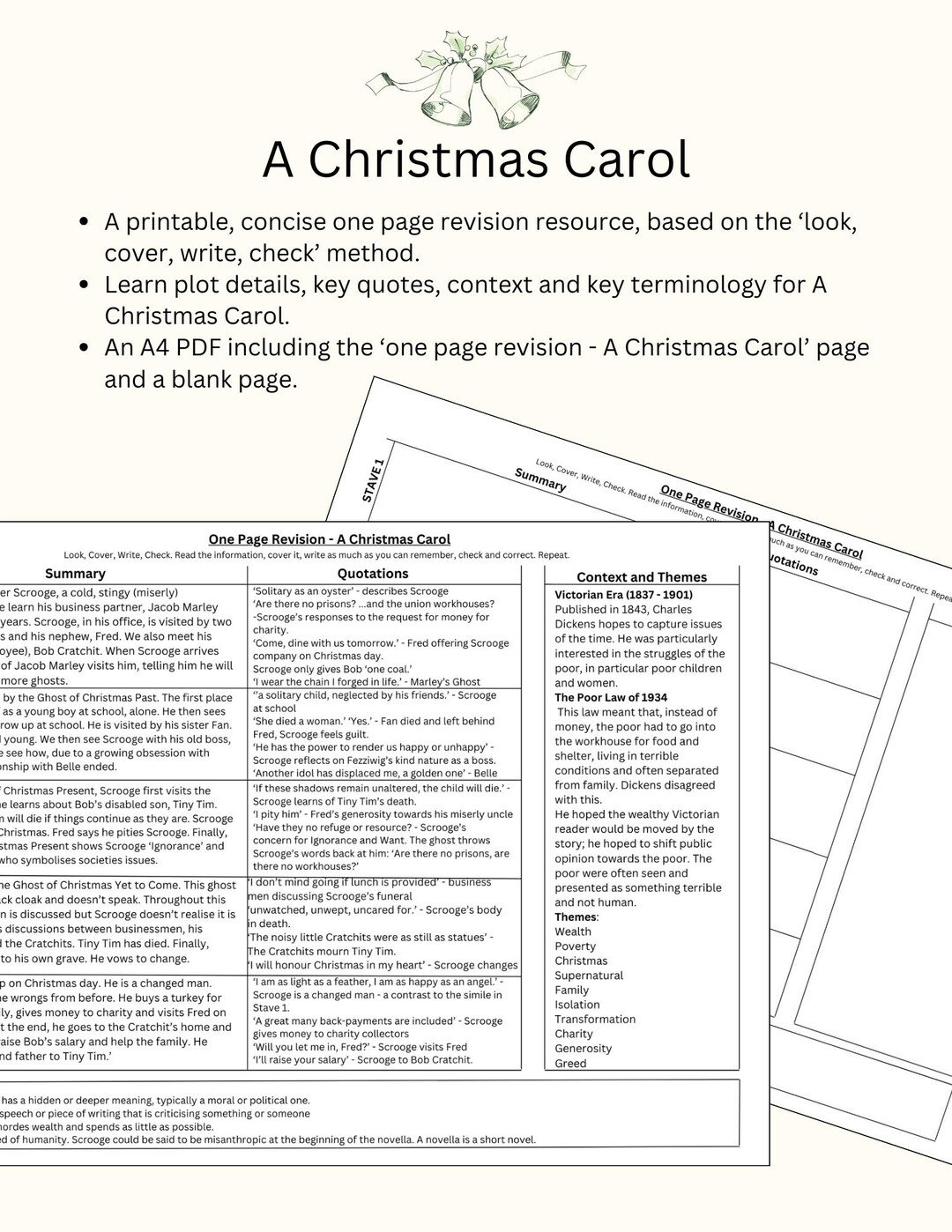 A Christmas Carol Revision, One Page Study Guide (printable) - Etsy