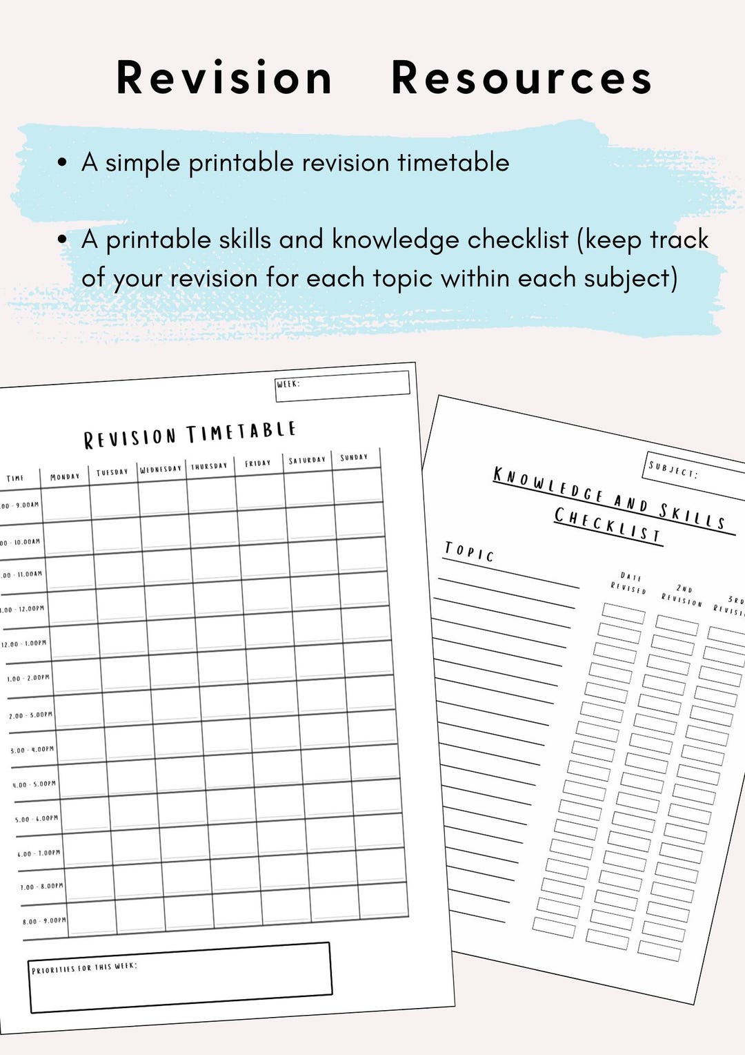 A Simple Printable Set of Revision Resources - Revision Timetable and ...