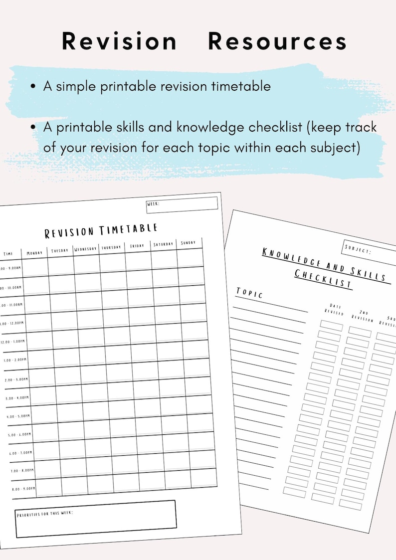 A Simple Printable Set of Revision Resources - Revision Timetable and ...