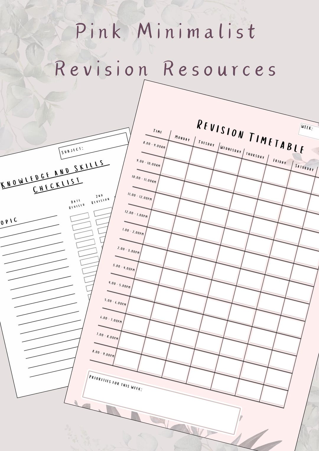 Pink Minimalist Printable Revision Resources - Revision Timetable and ...