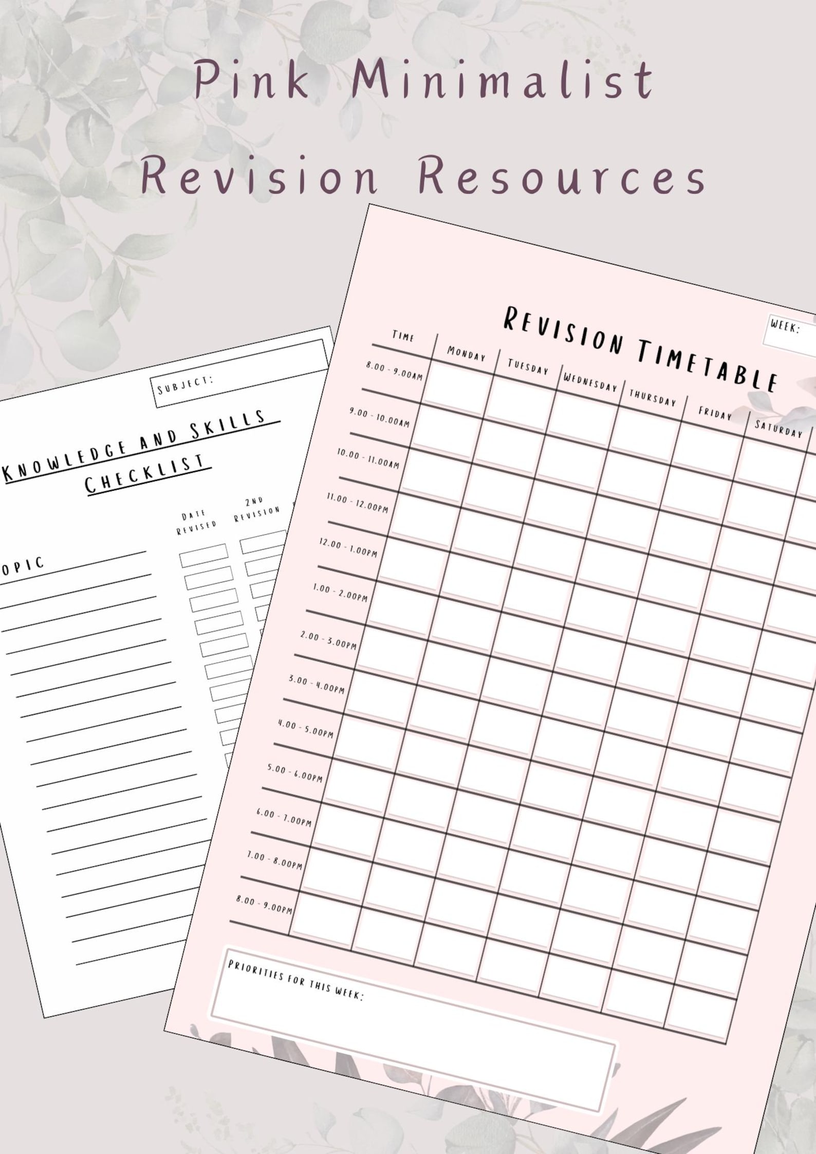 Pink Minimalist Printable Revision Resources - Revision Timetable and ...