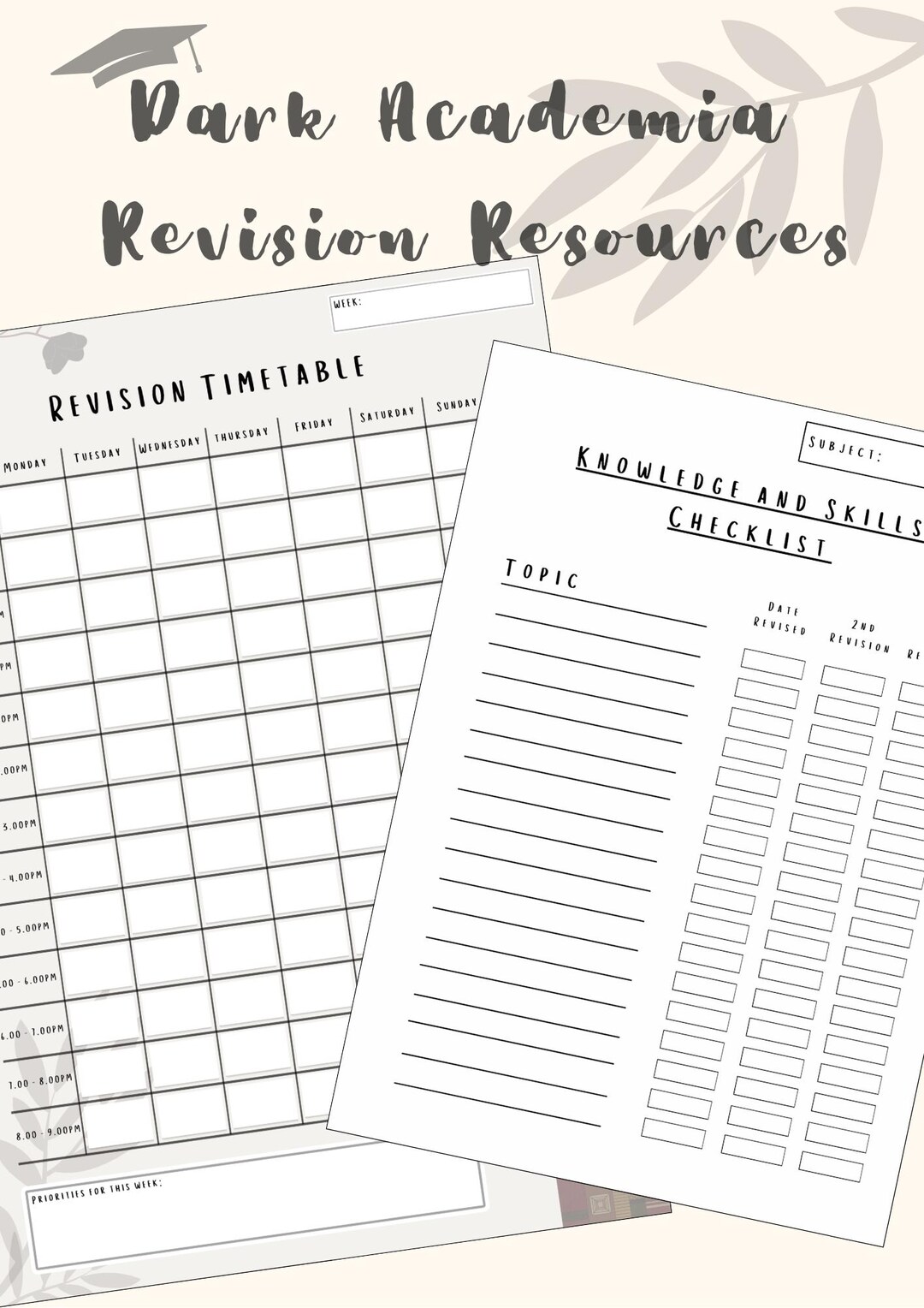 Dark Academia Printable Revision Resources - Revision Timetable and ...