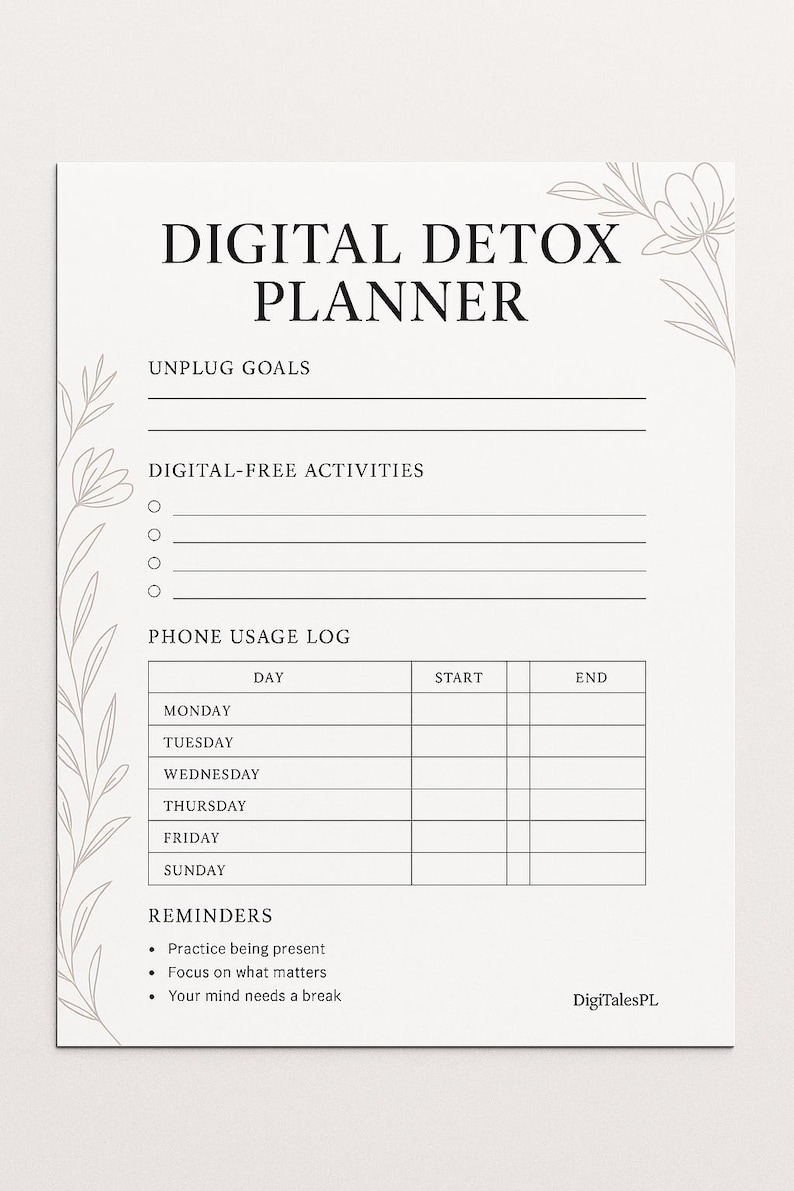 Digital Detox Planner Printable – One Page Self-care 6 Days Tracker ...