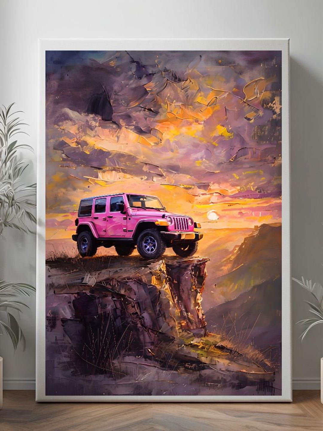 Digital Poster. Pink Jeep at Sunset on a Cliff - Etsy