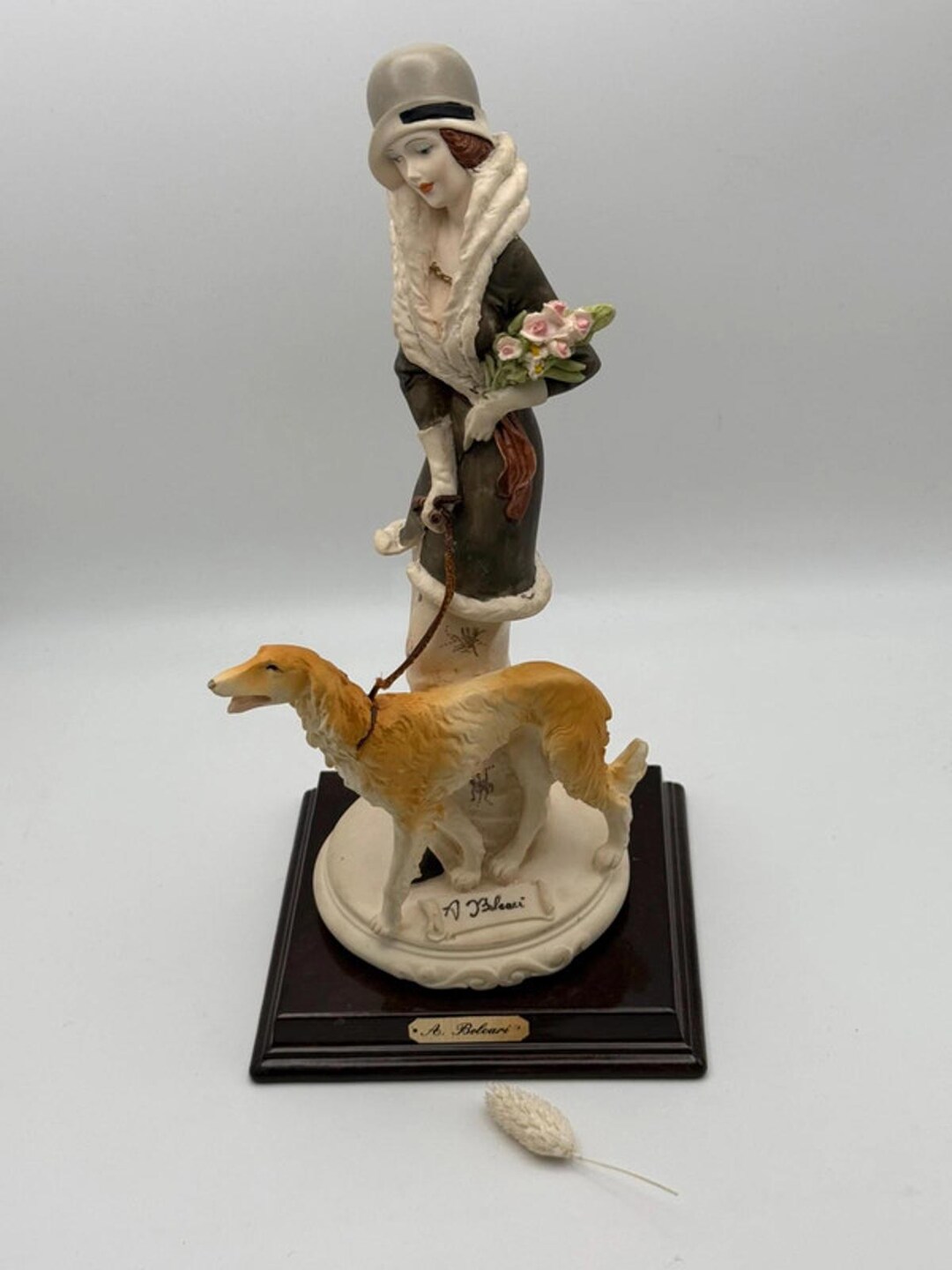A. Belcari Porcelain Figurine – Lady With Borzoi Dog on Hardwood Base ...