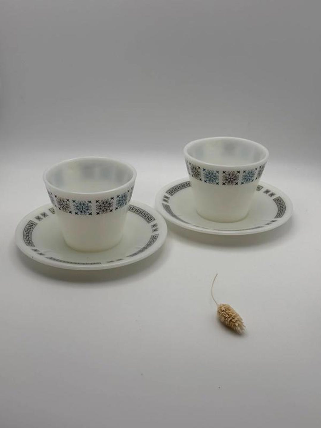 Vintage Pyrex Milk Glass Cup & Saucer Set – Greek Key and Floral Design ...