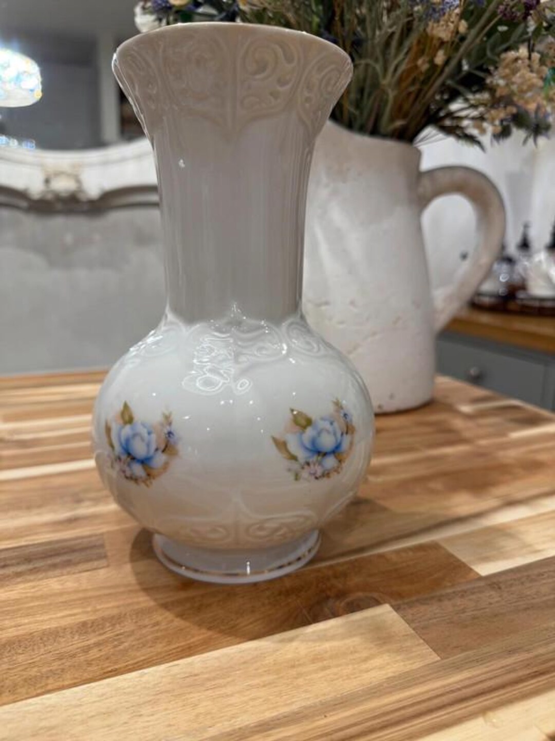 Vintage Romanian Porcelain Vase - Blue Floral Design With Gold Trim - Etsy