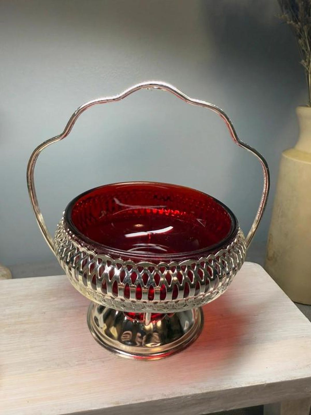 Vintage Mayell EPNS Silver Plated Basket With Ruby Glass Bowl – Made in ...