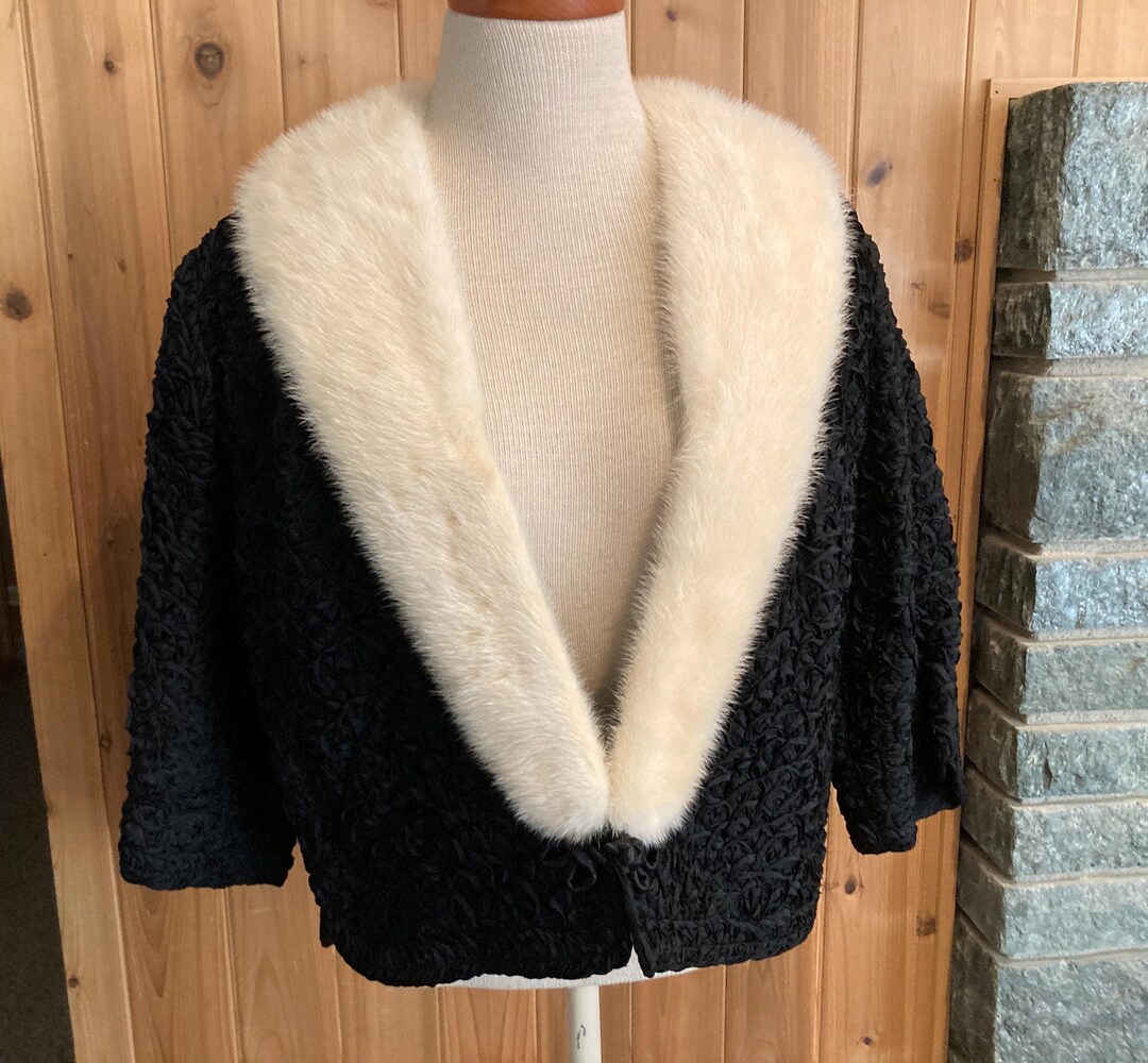 Vintage 60's Black Textured Ribbon Jacket With Detachable Mink Fur ...