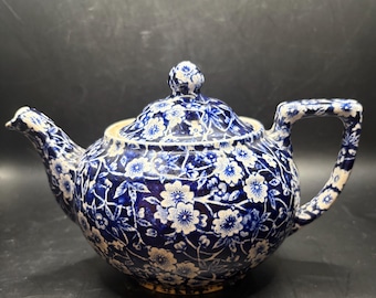 Calico Cat Teapot Burleigh Staffordshire England Blue and White Royal ...
