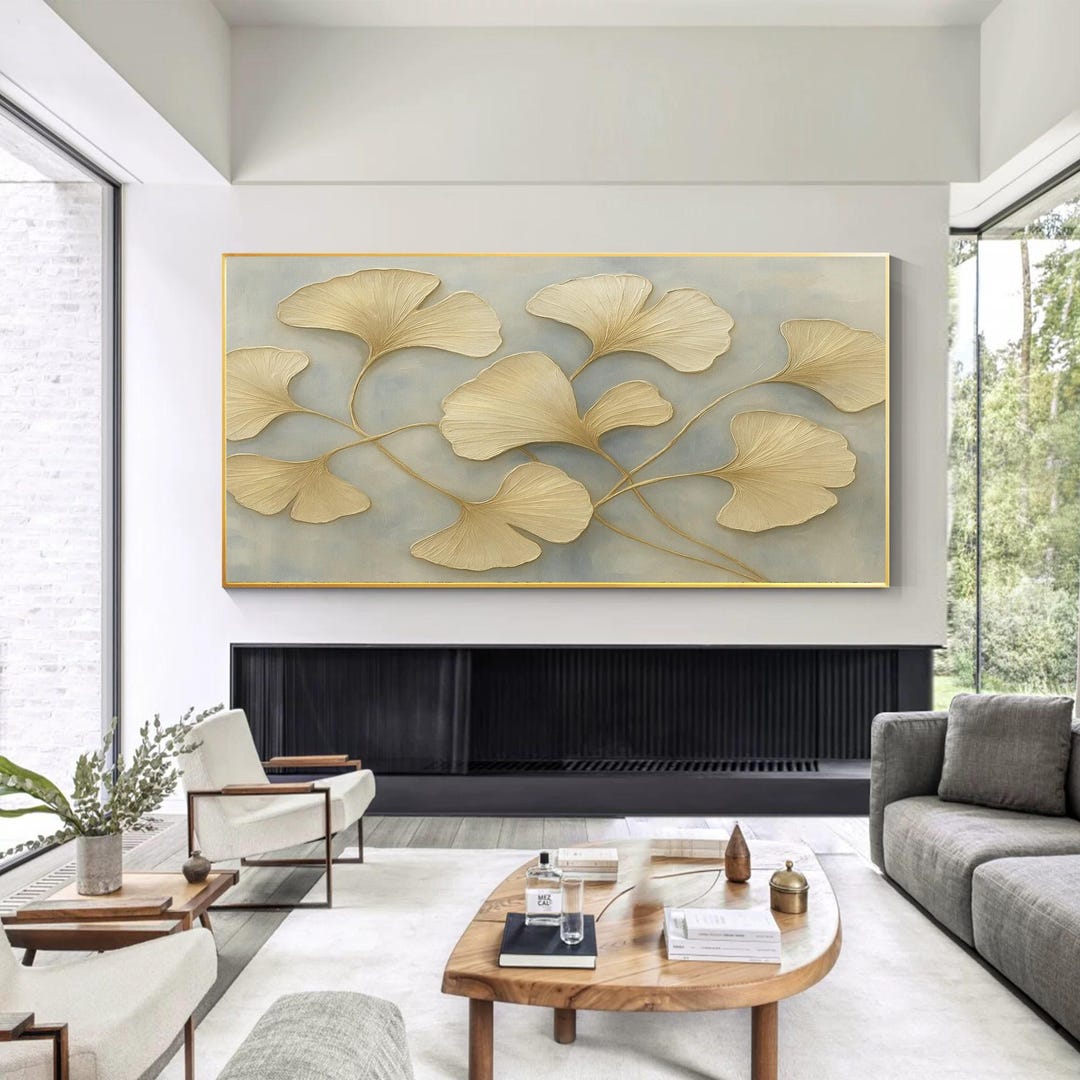 Original Ginkgo Leaf Wall Art, Large Canvas Textured Gold Abstract ...