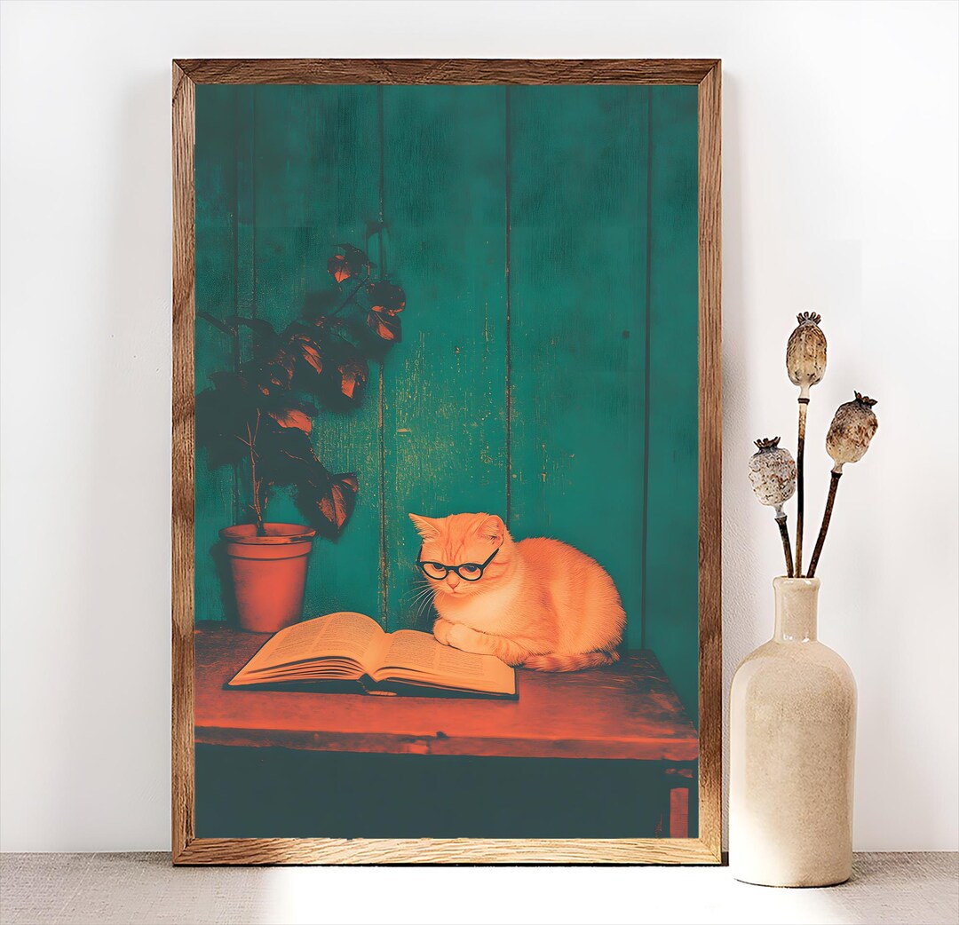 Studious Orange Cat Art, Bookish Cat Print, Retro Teal Wall Poster, Cat Art, Funny Cat Print ...