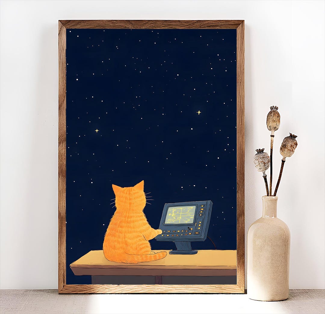 Tabby Cat Computer Art, Cosmic Desk Cat Print, Starry Night Poster, Cat ...