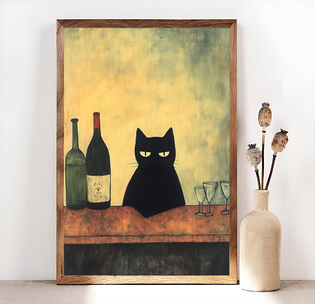 Black Cat on Bar Counter, Sam Toft Vintage Art, Wine Bottle Scene ...