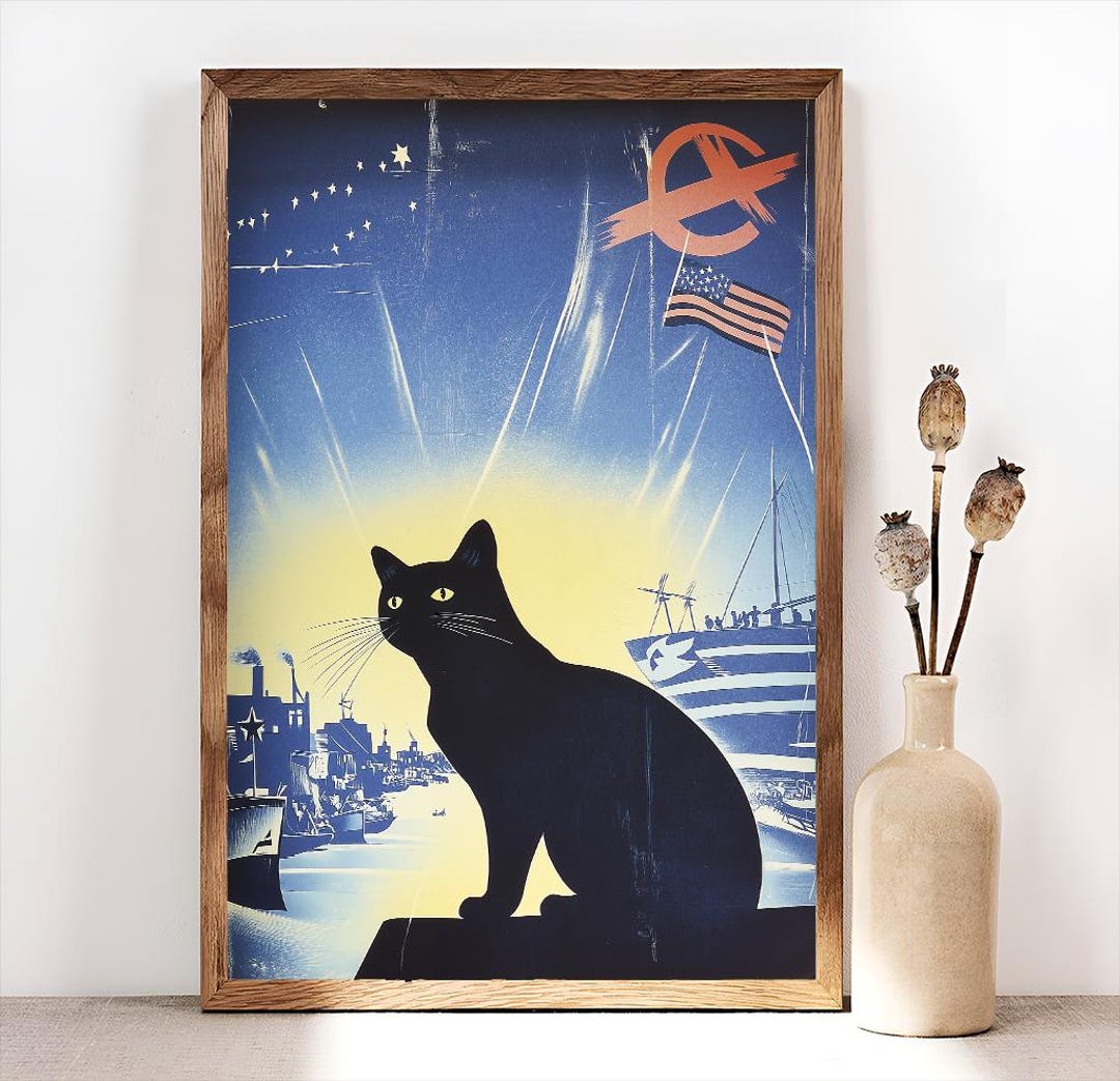 American Black Cat Propaganda Poster, New York Harbor Art, Patriotic ...