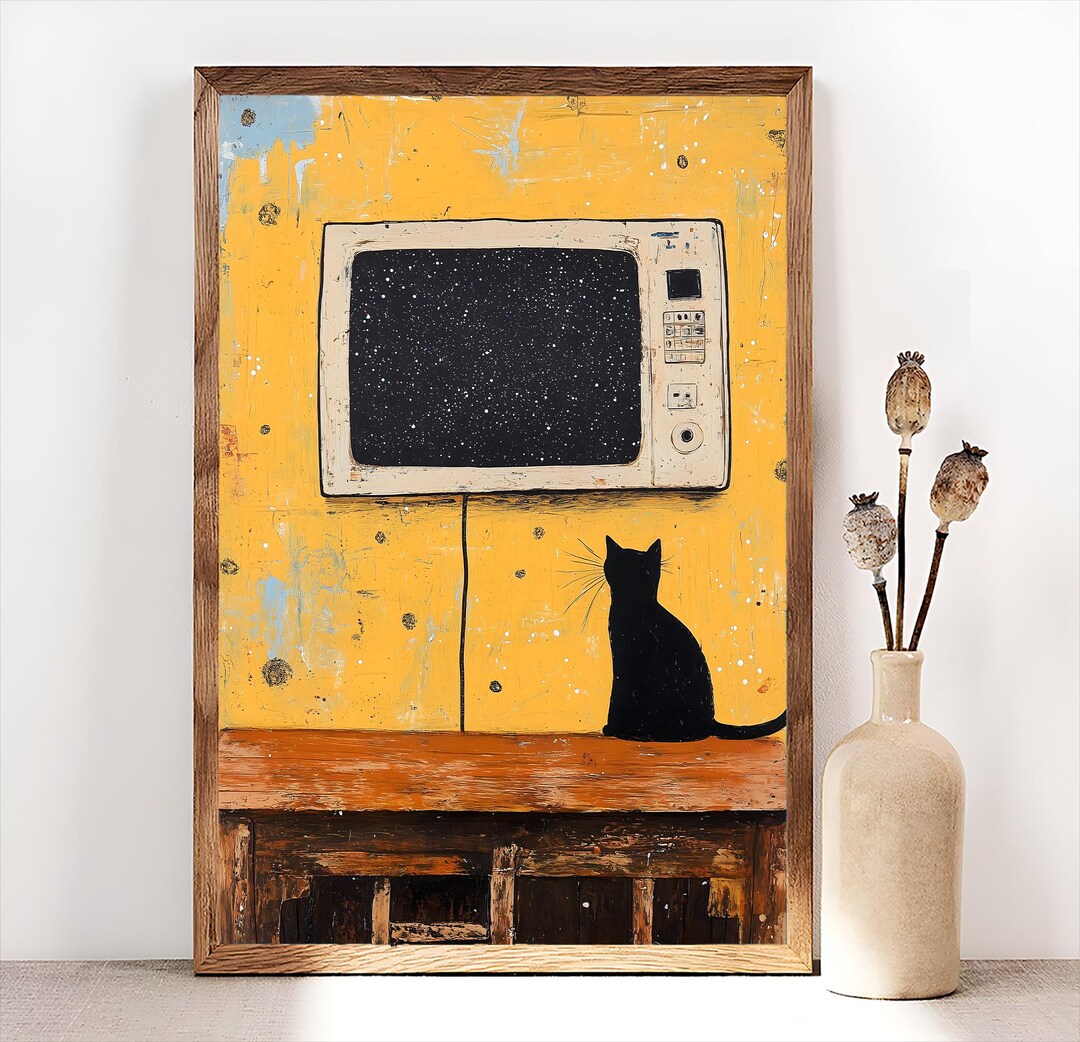 Black Cat With Vintage TV, Sam Toft Naive Art, Whimsical Oil Painting ...