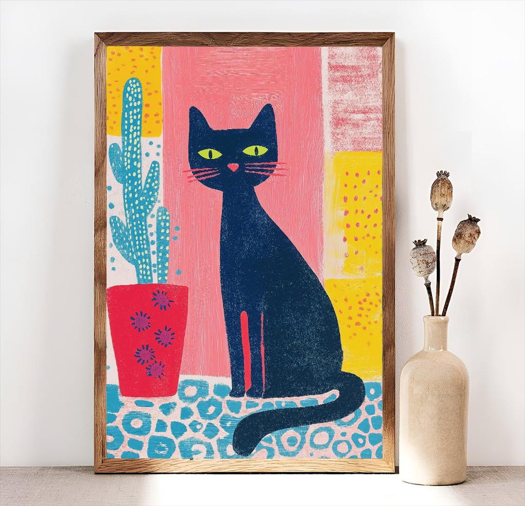 Cute Black Cat, Prickly Cactus, Matisse’s Naive Flair, Pink-blue Hues ...