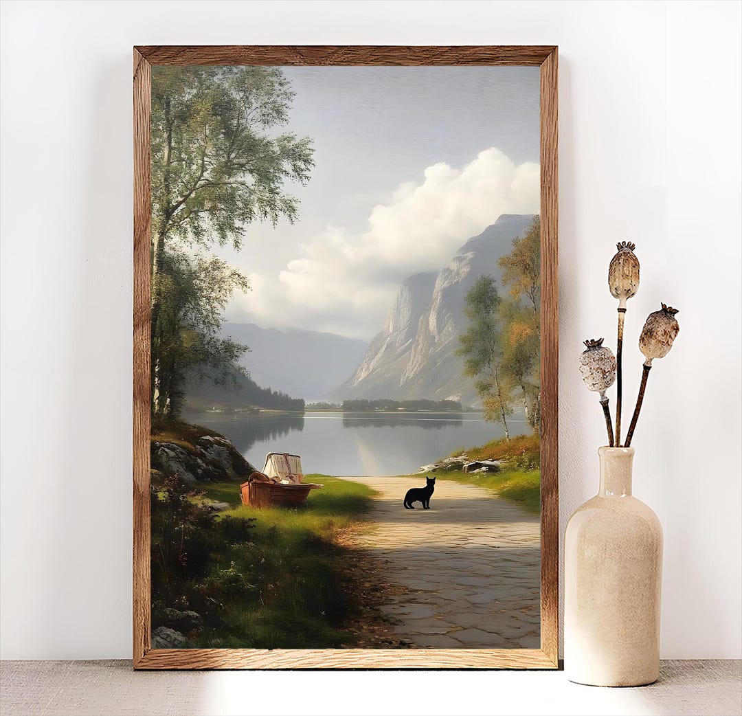 Black Cat Lake Art, Romantic Boat Cat Print, Mountain Vista Poster, Cat ...