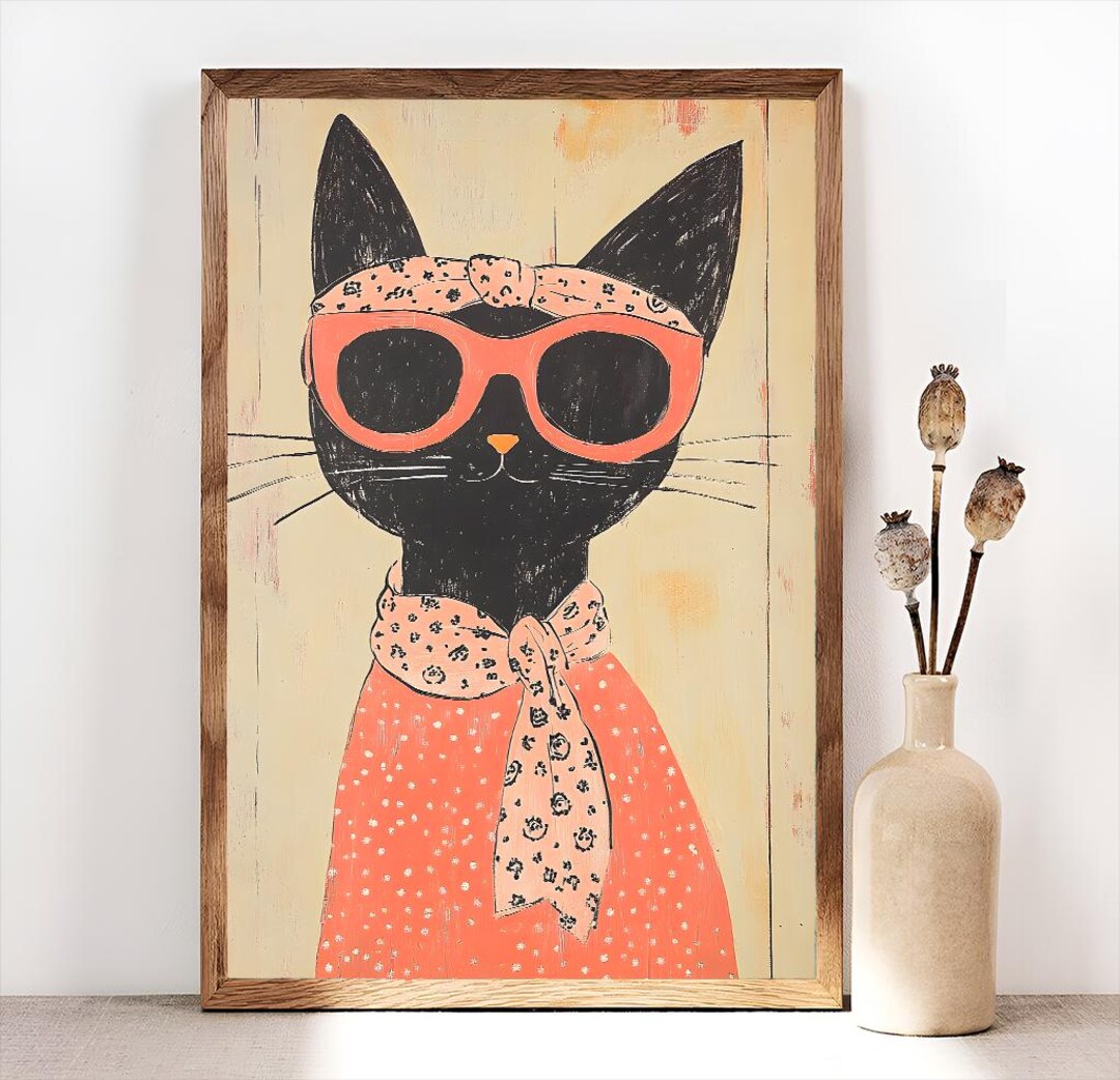 1950s Pin-up Cat Art Print, Pink Bandana Sunglasses Decor, Playful Nostalgic Poster, Retro Cat ...
