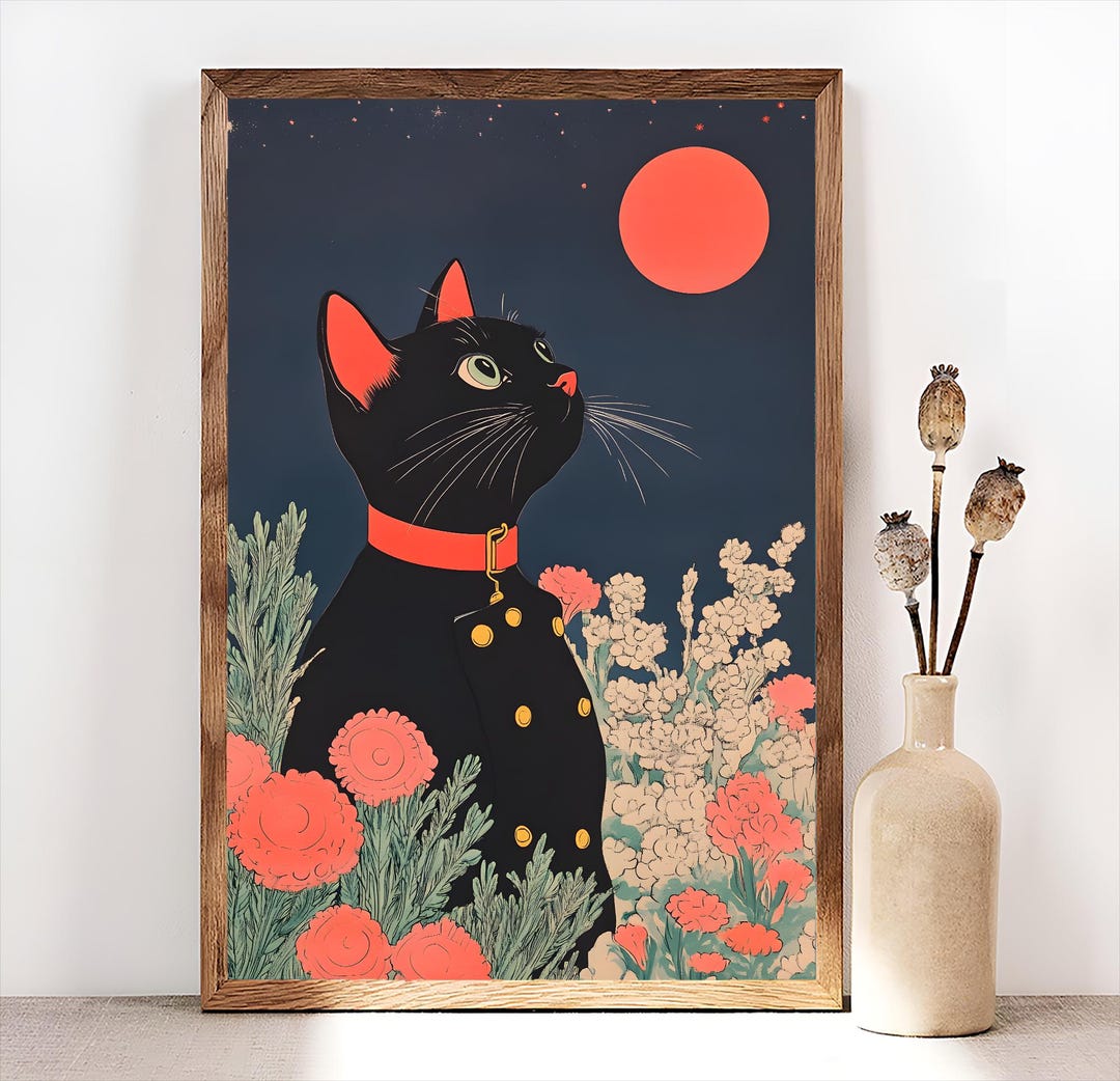 Black Cat Moon Art, Stylized Cat Print, Starry Night Floral Poster, Cat ...