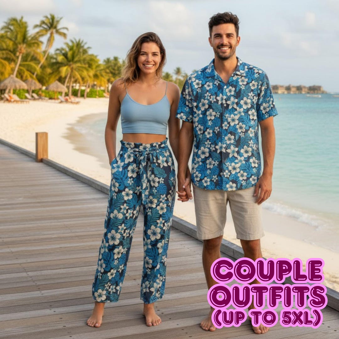 Tropical Navy Hibiscus Matching Outfits | Women’s Wide-leg Pants & Men’s Hawaiian Shirt ...