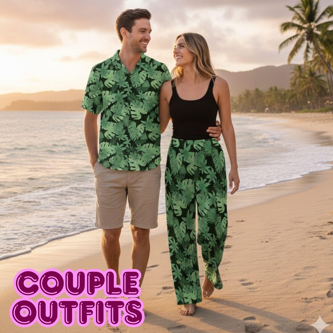 Tropical Black Leaf Matching Outfits | Women’s Wide-leg Pants & Men’s ...