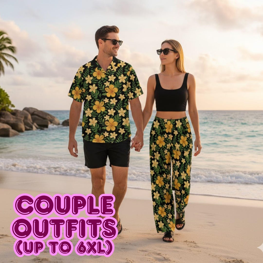 Tropical Black Hibiscus Matching Outfits | Women’s Wide-leg Pants & Men ...